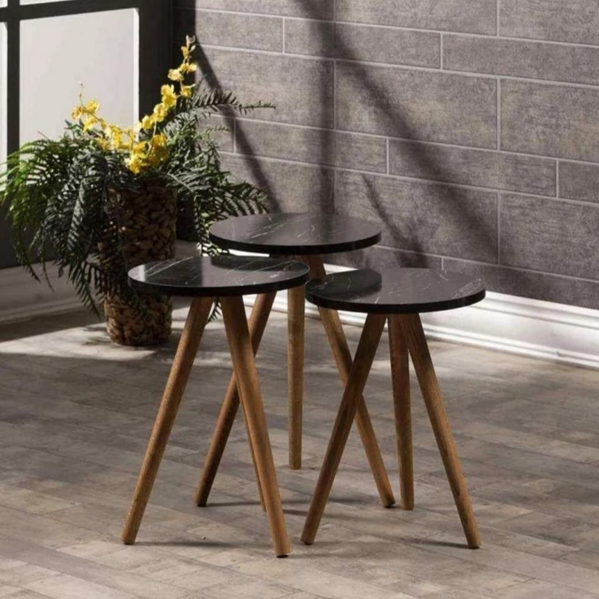 MDF, Beech Wood and Melamine Side tables set - Beige and Black