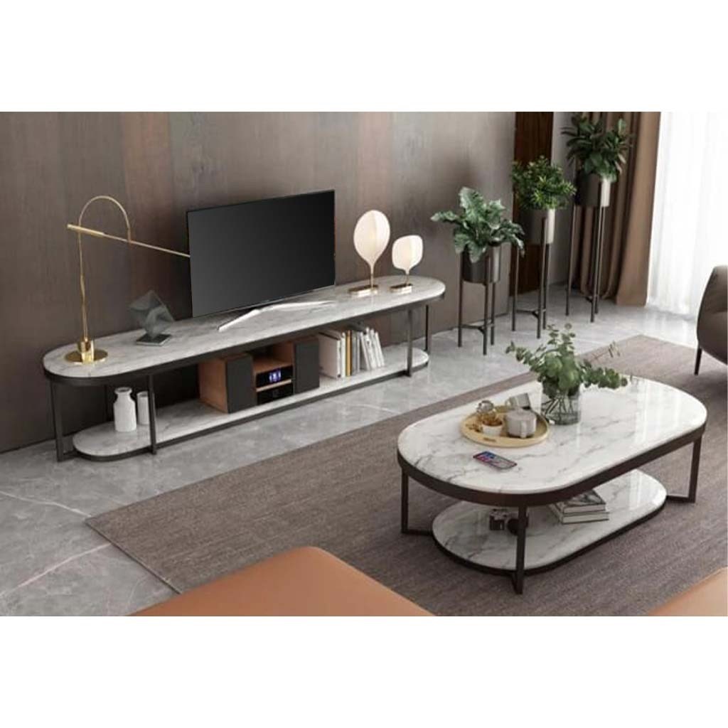 Steel and Marble White and Black Tv Unit and Center Table