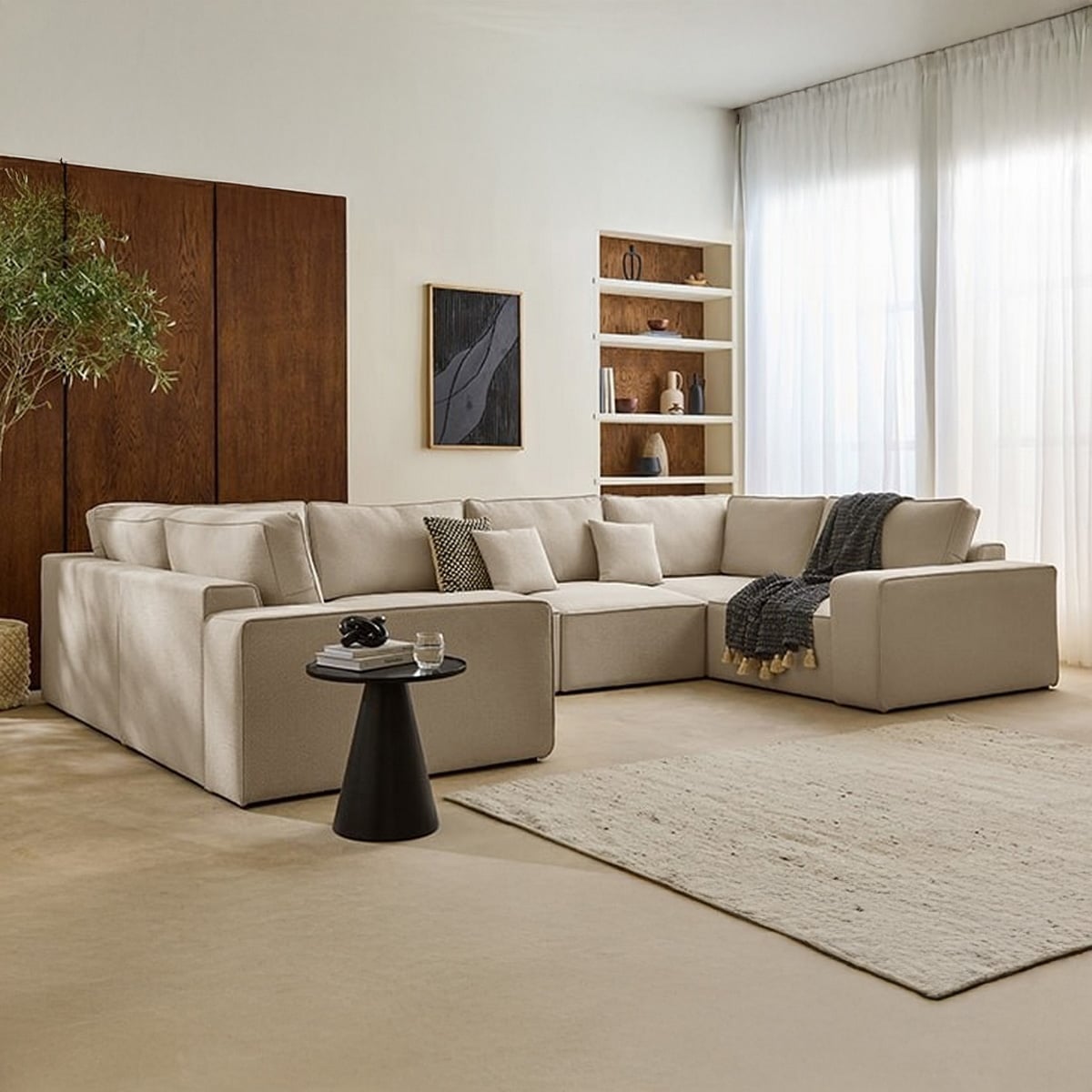 Beech wood and Linen fabric U-Shape Sofa - Beige
