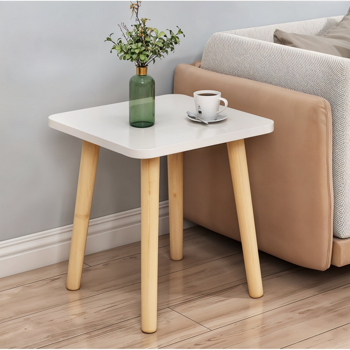 MDF, Beech Wood and Melamine Side table Beige and White - 43x40x40 cm