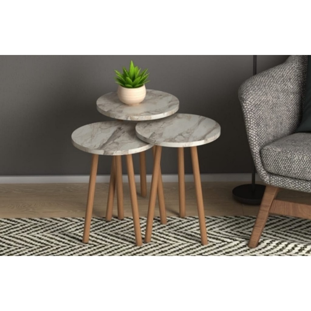 MDF, Beech Wood and Melamine Side tables set - Beige and White