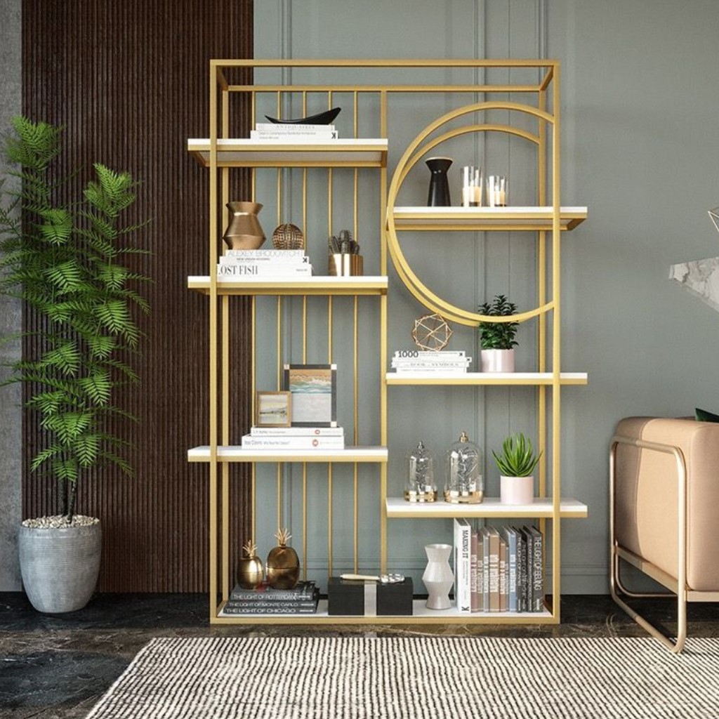 Mdf Wood and Iron Display Unit Gold and White - 180 x 120 x 30 cm